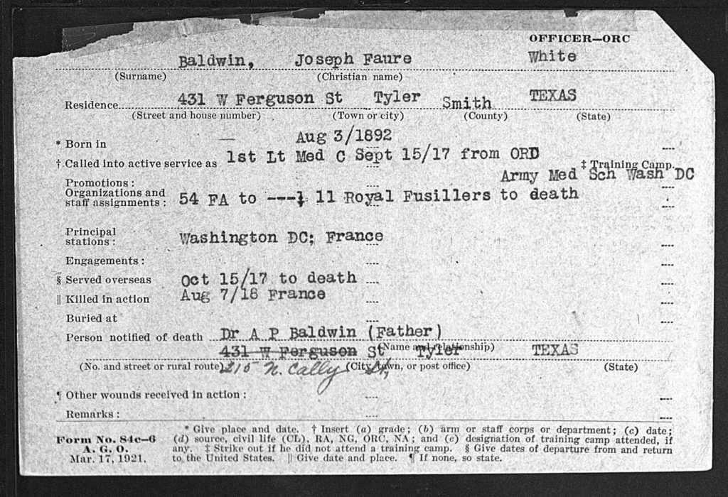 Joseph Favre Baldwin - WW1 Servicemen Sponsorships 2018 - Smith County ...