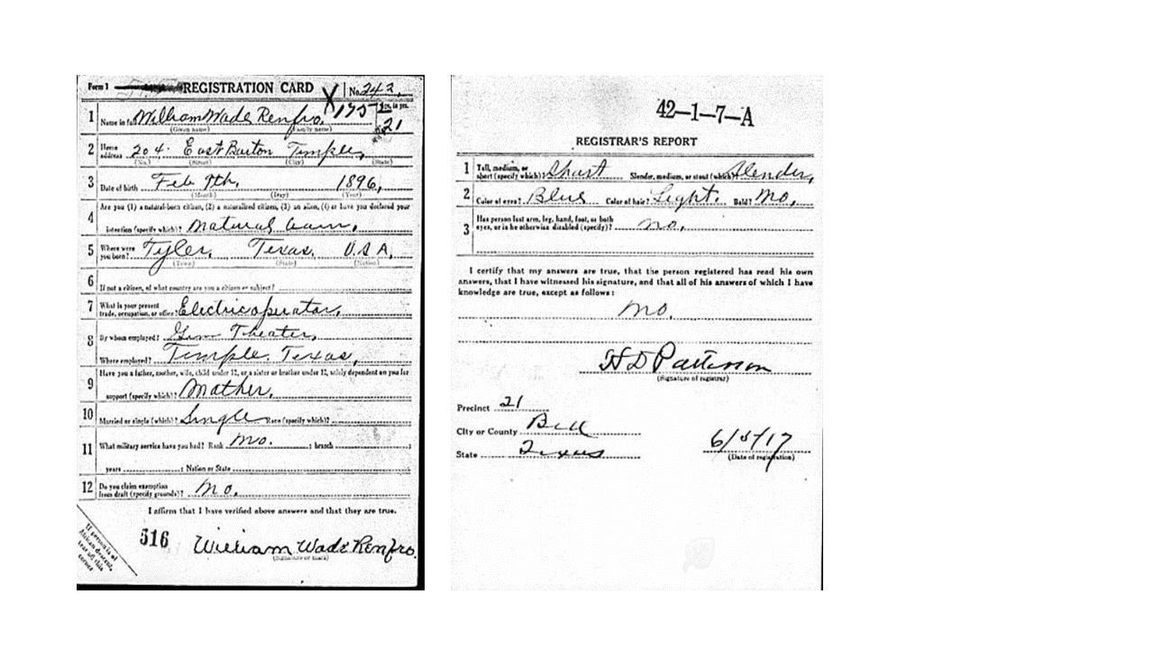 William Wade Renfro WW1 draft card - Smith County Historical Society