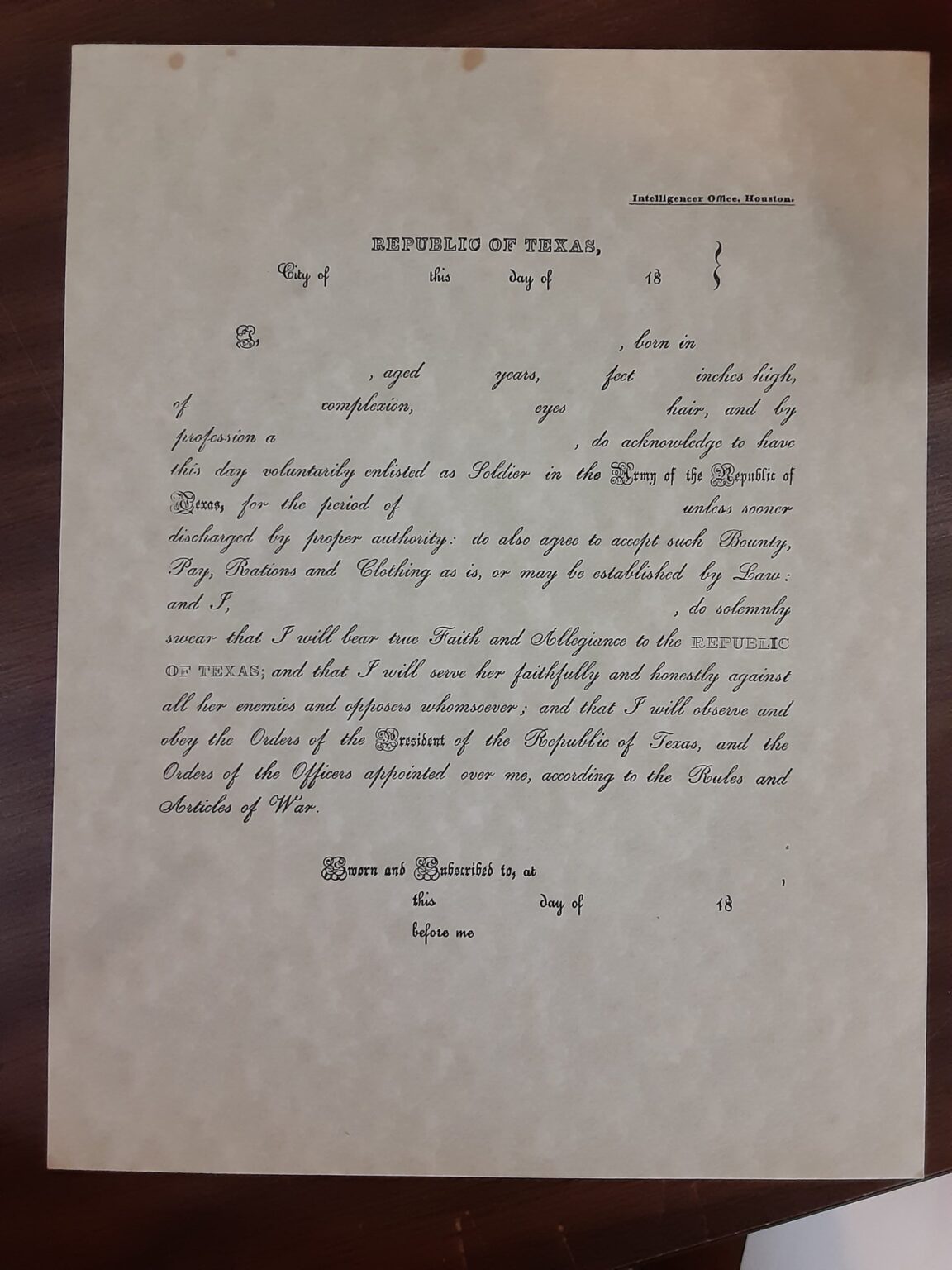 Enlistment Paper to the Army of the Republic of Texas (reproduction ...